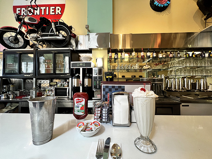 A milkshake so thick it laughs at straws, served with the metal mixing cup&mdash;because leaving extra milkshake behind would be a crime against humanity.