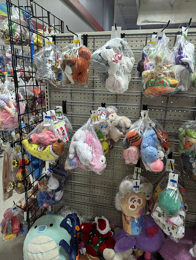 Stuffed animal adoption center where plush companions wait for their forever homes. Each bag contains childhood magic at grown-up bargain prices.