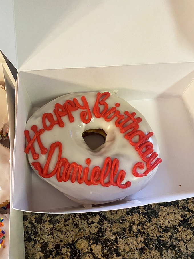 Birthday wishes written in frosting&mdash;the universal language of celebration. This personalized donut transforms an ordinary day into something memorably sweet.