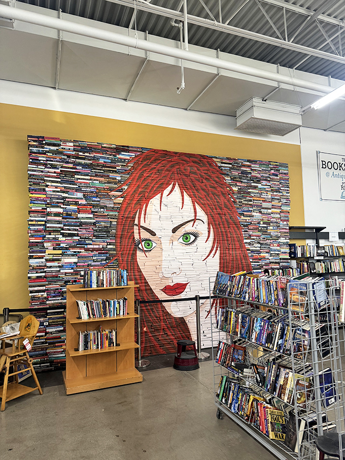 This literary mural creates the perfect backdrop for browsing books that predate digital everything and screens.