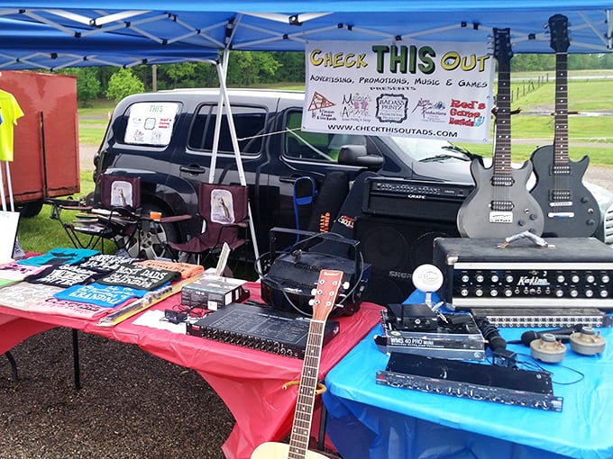 Rock star dreams for garage band prices. This musical equipment booth offers everything needed for your midlife crisis band except talent. 