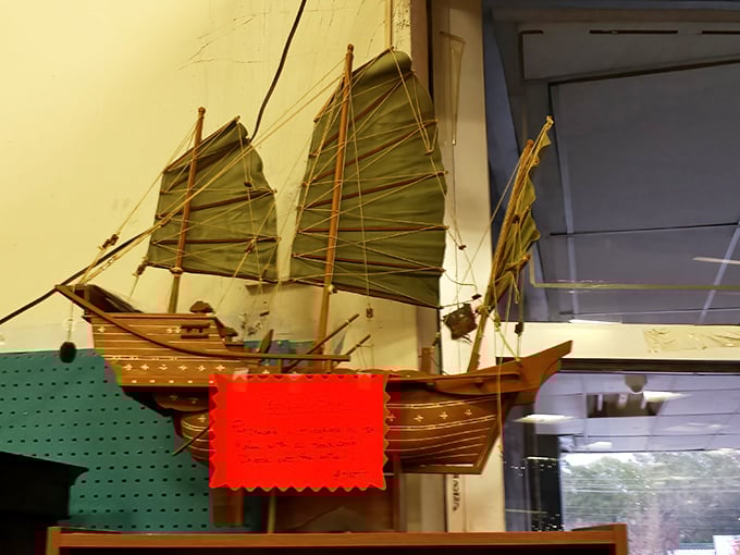 This handcrafted ship model sails through time, carrying the craftsmanship of yesteryear into modern collections. No pirate gold included, unfortunately.