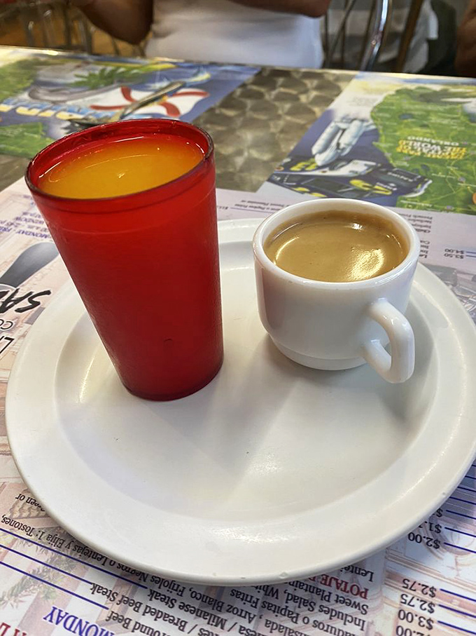The dynamic duo of Cuban refreshment: bracingly sweet orange juice alongside coffee strong enough to make your spoon stand at attention.