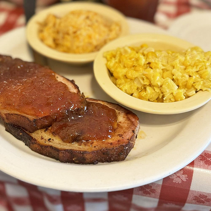 Country ham glazed to perfection alongside two sunny little bowls of mac and cheese. Some people call this lunch; I call it motivation to get out of bed.