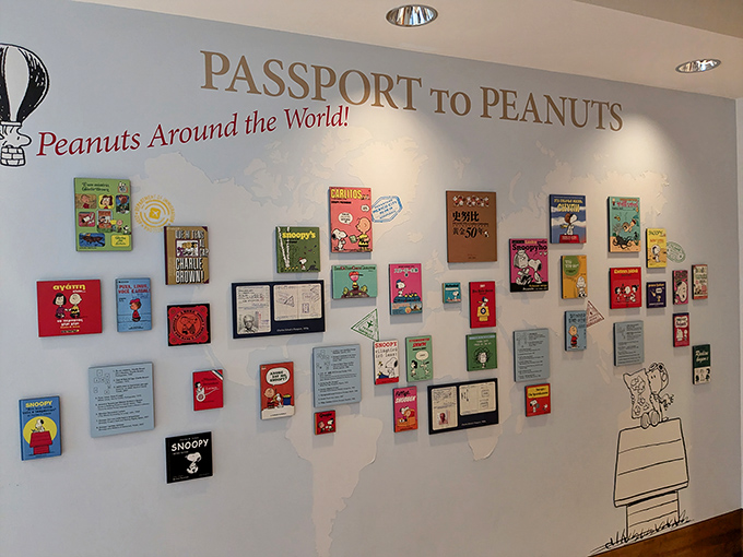 The "Passport to Peanuts" wall showcases how Charlie Brown and the gang conquered the world without ever aging a day or leaving their neighborhood.