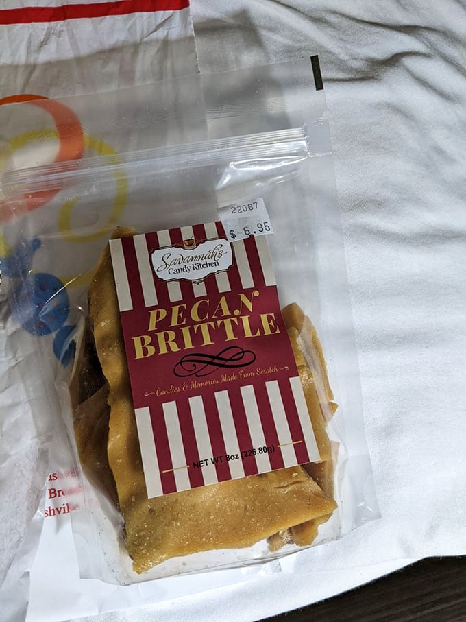 Pecan Brittle that shatters with satisfying crispness. The perfect Southern souvenir that rarely survives the trip home intact.