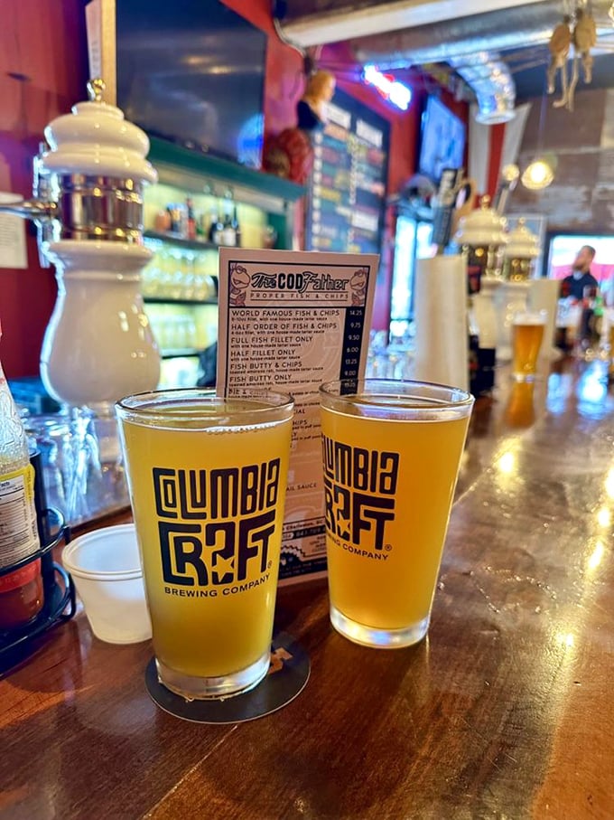 Columbia Craft brews standing at attention, ready to wash down that perfect bite of fish with a crisp, refreshing counterpoint.