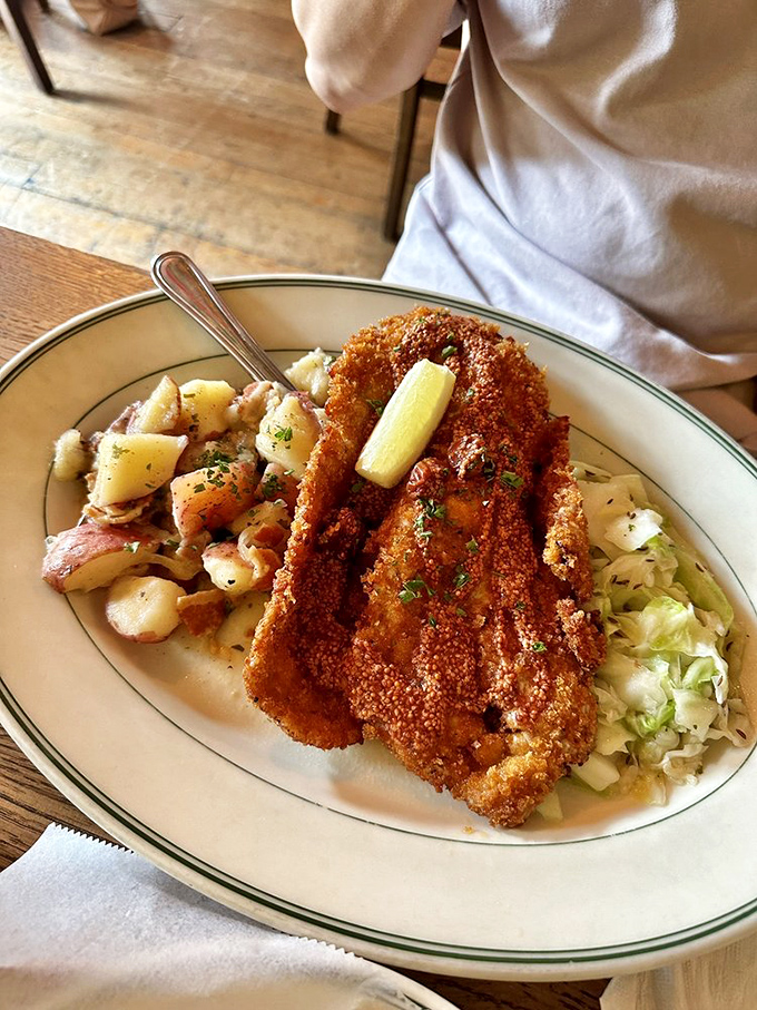 Schnitzel that's been pounded with love and fried with respect, served alongside potatoes that didn't know they could aspire to such greatness.
