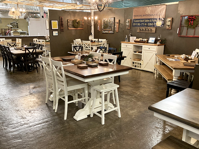 Wicker chairs and wooden tables stand at attention, like furniture soldiers waiting for their next deployment to a loving home.