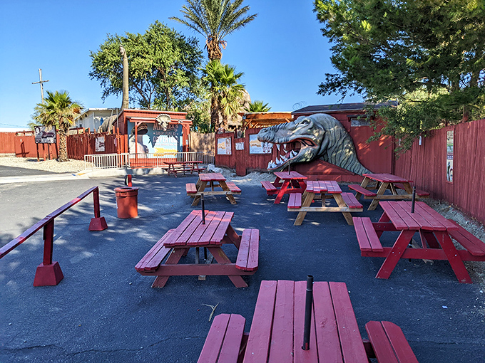 Picnic tables with a side of prehistoric ambiance. Nothing improves a sandwich like dining under the watchful gaze of a carnivore.