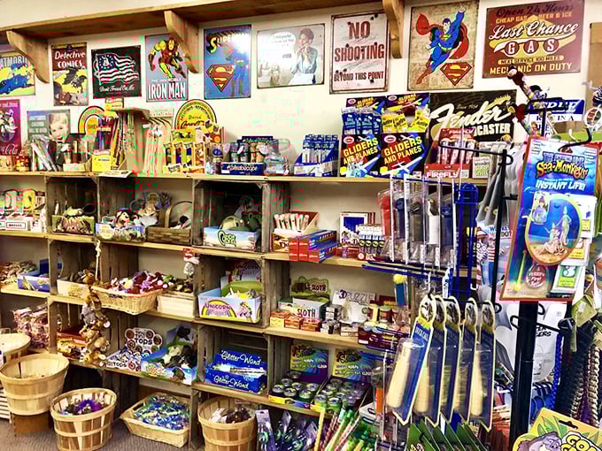 Comic book signs and wooden crates create the perfect backdrop for nostalgic treasures. This corner alone contains enough childhood memories to fill a therapist's notebook.