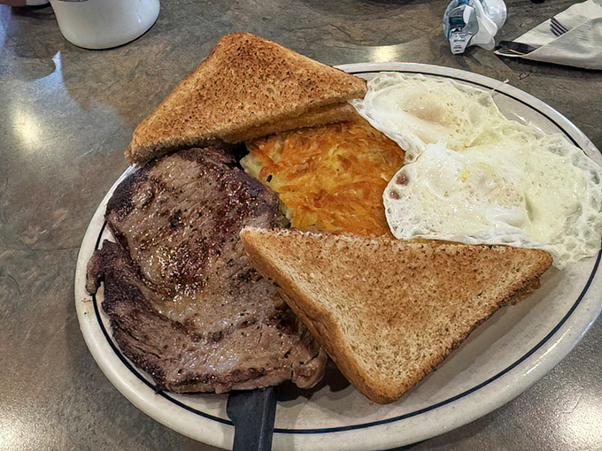 Carnivores rejoice! A juicy ribeye alongside eggs and toast creates the breakfast trifecta that would make Ron Swanson proud.