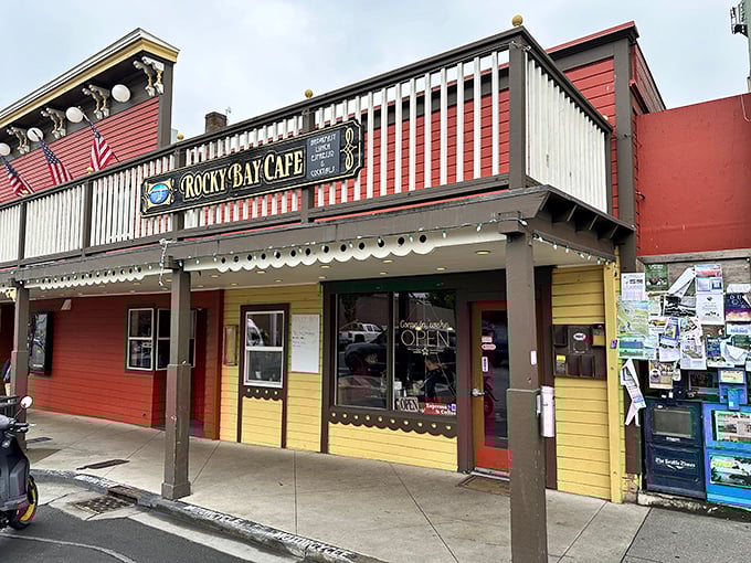 Rocky Bay Cafe's cheerful facade promises the kind of breakfast that makes you forget about your diet faster than you can say "extra bacon, please."