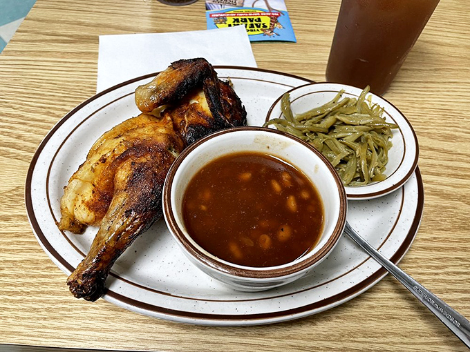 Rotisserie chicken with a suntan that would make George Hamilton jealous. The beans and sauce provide the perfect supporting cast to this protein star.