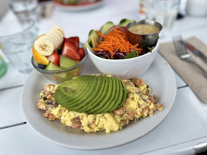 Avocado fanned out like nature's butter atop a scramble that's clearly been to culinary school. The side salad is just pretending we're being healthy.