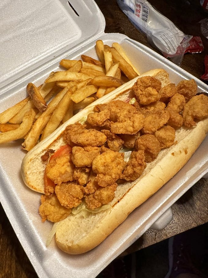 The shrimp po' boy: where crispy fried shrimp meet soft bread in a relationship so perfect it should have its own reality show.