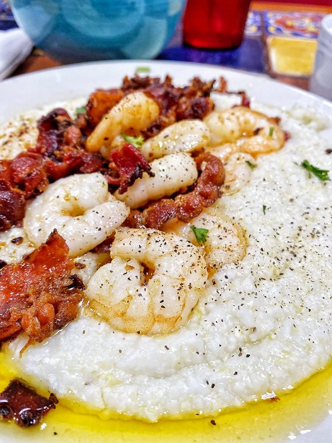 Shrimp and grits with bacon – the South's greatest contribution to breakfast since someone decided fried chicken could be a morning food.