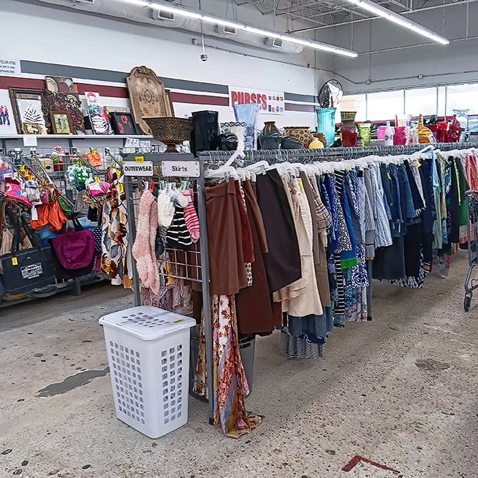 Skirts and dresses hang with military precision, each waiting for its chance to transform from "someone else's mistake" to "your amazing find."