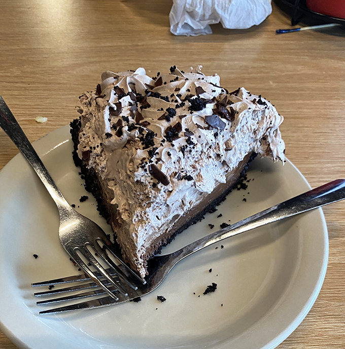 Dessert isn't an afterthought here&mdash;this chocolate cream pie with its cloud of whipped topping proves they take your sweet tooth as seriously as your appetite.