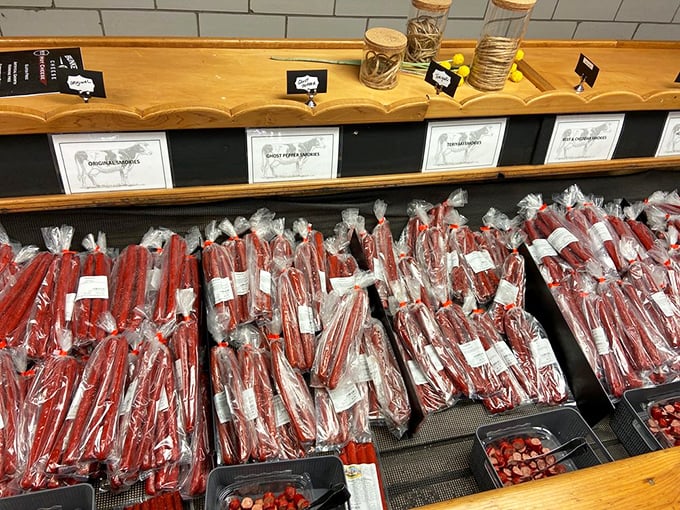 The smokies display is a meat-lover's paradise. These aren't your gas station meat sticks&mdash;these are artisanal flavor bombs waiting to happen.