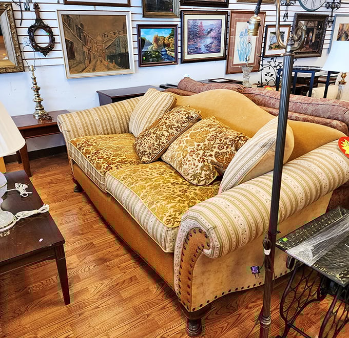 That sofa has seen some living&mdash;and is ready for more. With its golden hues and vintage charm, it's practically begging for a Netflix marathon.