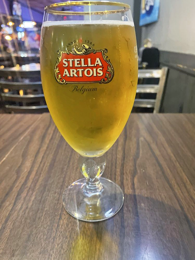 A cold Stella Artois waiting patiently for burger companionship. The perfect supporting actor in this meaty blockbuster.