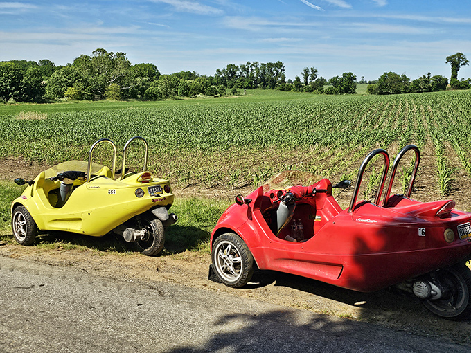 Nothing says "I'm embracing Lancaster County adventure" quite like these candy-colored scooters parked alongside cornfields that stretch to the horizon.