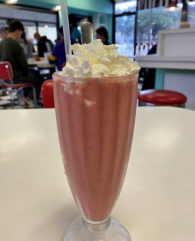 The classic diner milkshake: thick enough to require serious straw commitment but worth every bit of the effort.
