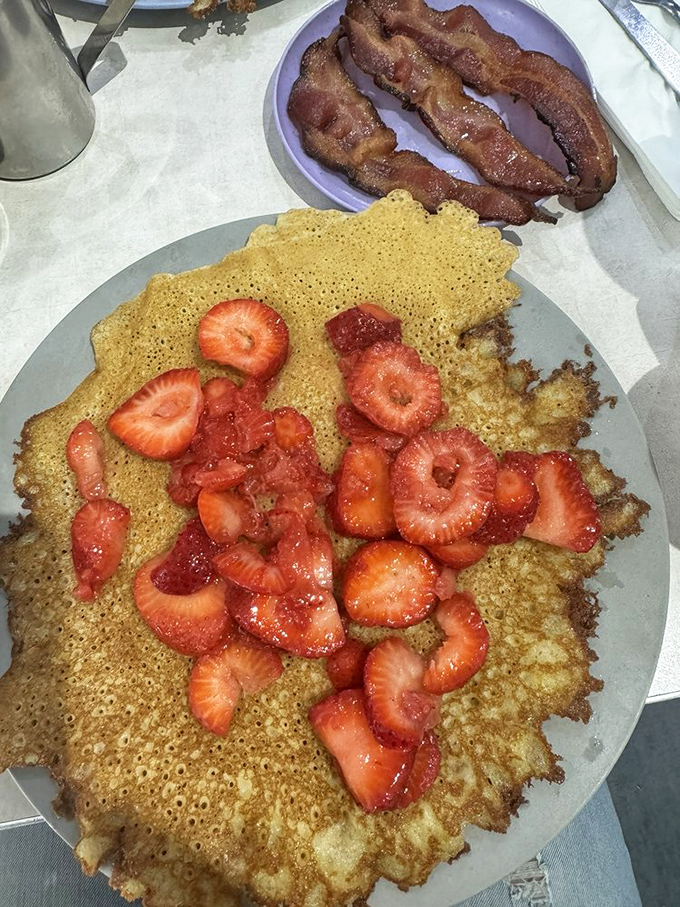 Strawberry pancakes and bacon: the breakfast equivalent of Fred Astaire and Ginger Rogers &ndash; elegant, timeless, and performing perfectly together on your plate.