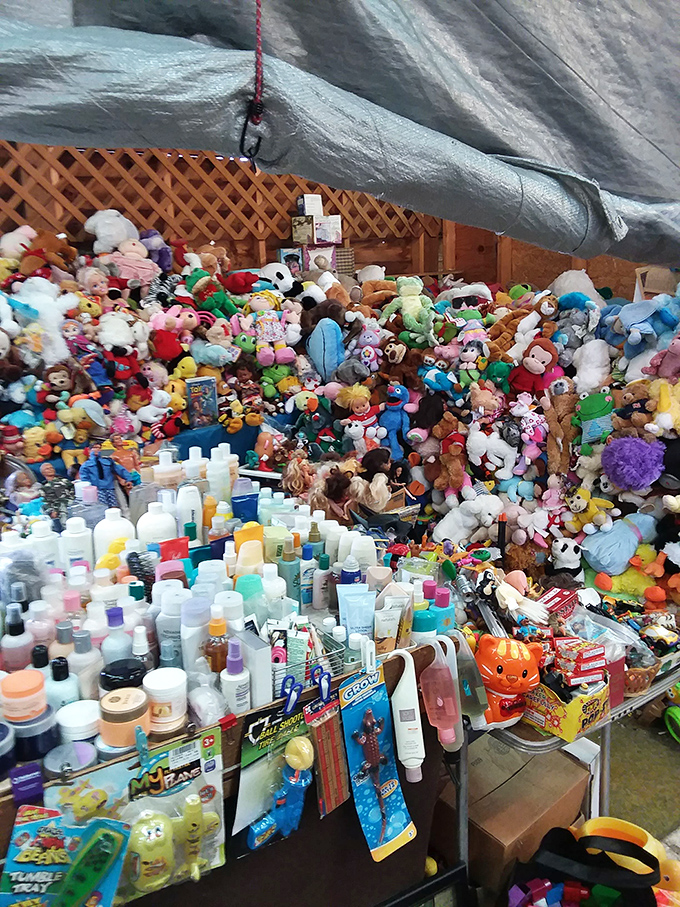 Plush toy mountain meets toiletry bonanza! The perfect booth for anyone who's ever thought, "I need a teddy bear AND some hand lotion."