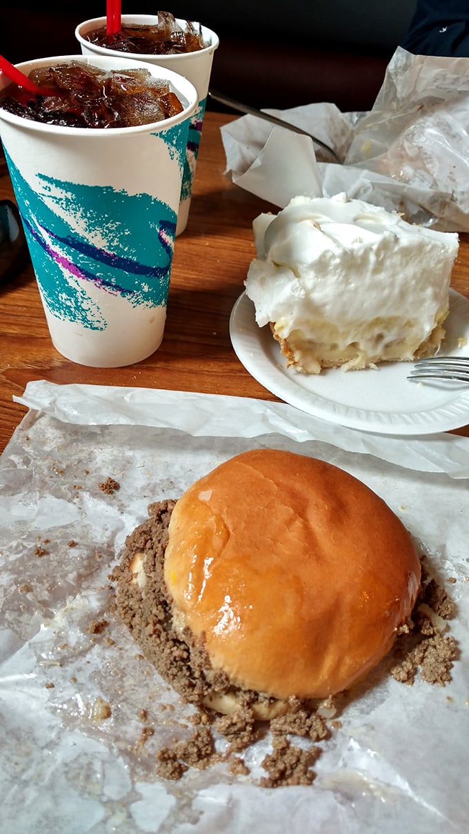 The complete Maid-Rite experience: loose meat sandwich, cream pie, and a soda &ndash; the Midwest's answer to a three-course meal.