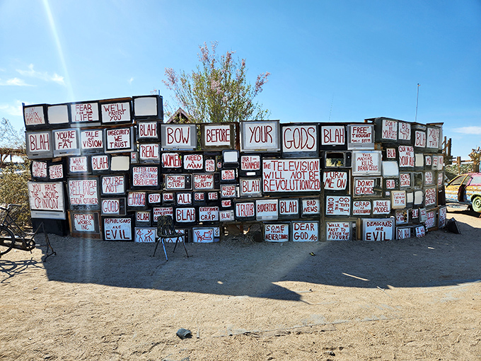 Not your typical art gallery wall. These message-covered TVs might be the only screens in America actually worth staring at all day.