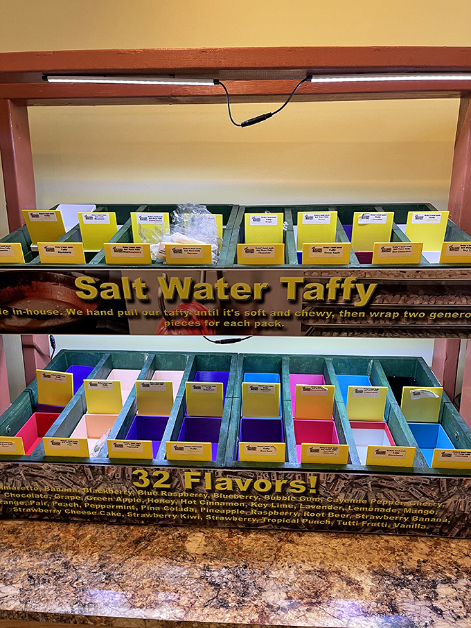 Salt Water Taffy in 32 flavors lines wooden shelves like an edible rainbow. The hardest part isn't choosing &ndash; it's stopping once you start.