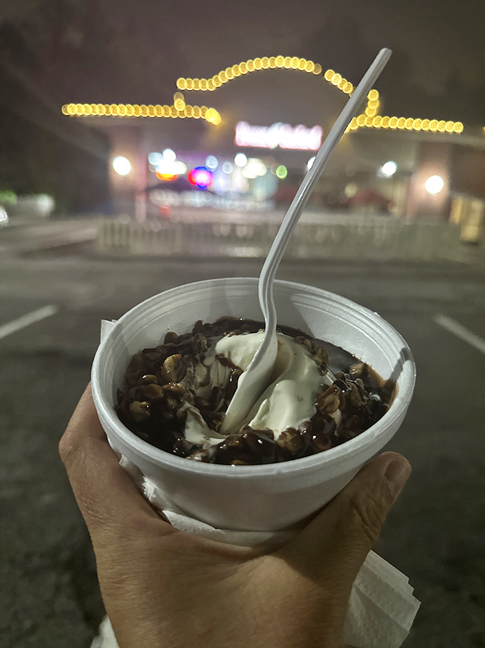 Night falls, but frozen custard beckons. This hot fudge sundae with whipped cream is proof that some of life's best moments happen after dark.