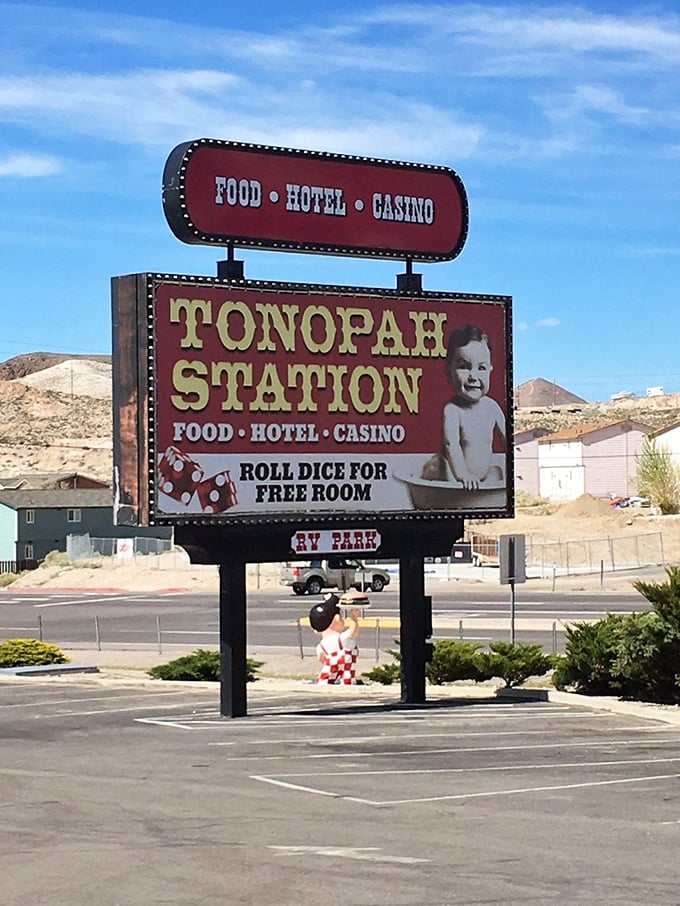 Tonopah Station's vintage sign promises the classic Nevada trifecta&mdash;food, lodging, and a chance to test your luck&mdash;all with a dash of old-school charm.