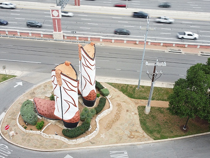 An aerial view reveals the boots' strategic placement&mdash;they're essentially a giant "You are here" marker visible from space.