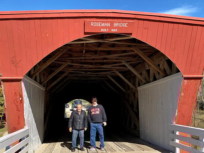 Inside Roseman Bridge, the wooden beams create a cathedral-like atmosphere. No wonder Francesca and Robert found it so enchanting.