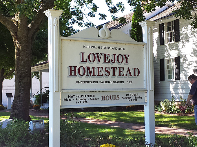 The Lovejoy Homestead sign marks a powerful chapter in American history, where courage and conviction created a vital stop on the Underground Railroad.