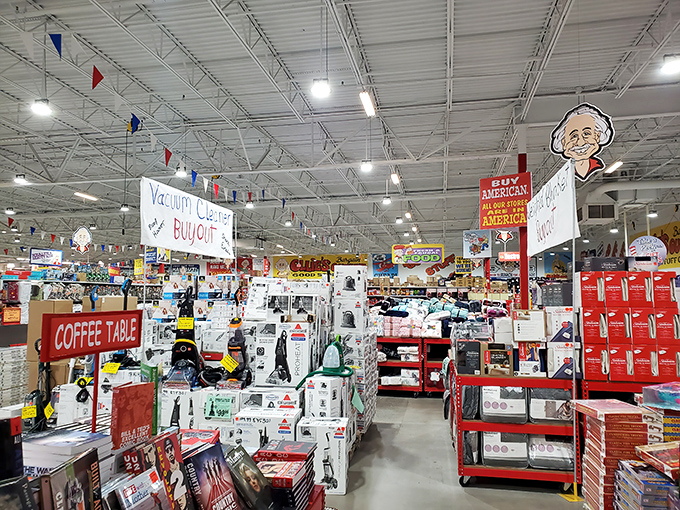 Vacuum cleaners to the left, household goods to the right. The colorful pennant flags above seem to celebrate the victory of thrift itself.