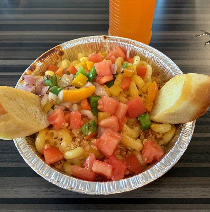 A veggie-loaded mac that makes you feel virtuous while still indulging. It's not health food, but we can pretend those tomatoes count as a serving.