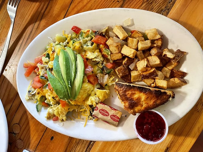 This veggie scramble might actually make you forget bacon exists - at least until you spot it at the next table.