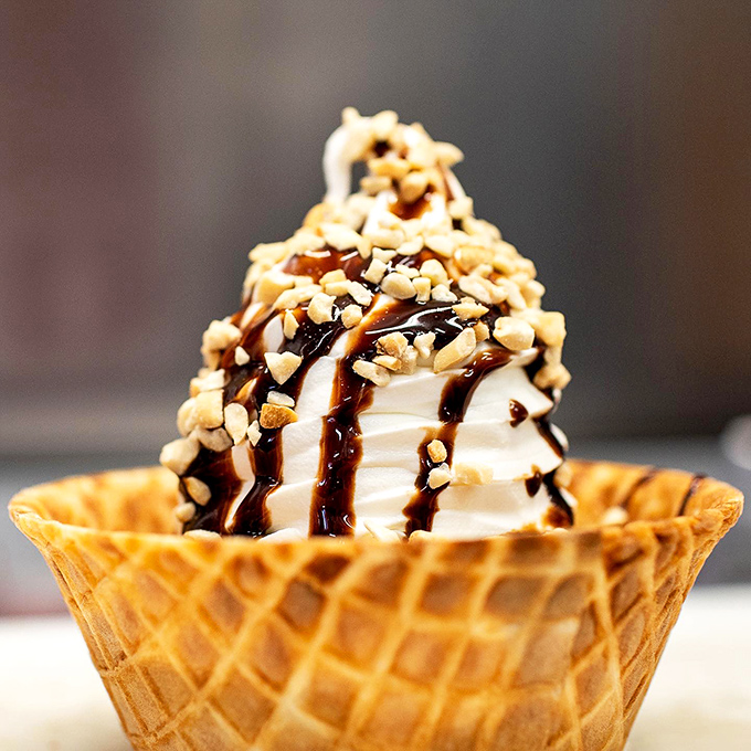 Architectural perfection: vanilla soft serve crowned with nuts and chocolate drizzle in a waffle cone cathedral. Michelangelo would have wept.