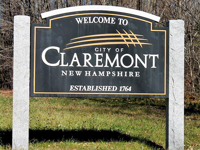 "Established 1764" – the welcome sign announces Claremont's impressive longevity. Centuries of history without centuries of housing inflation? Now that's New England magic.