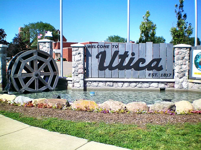 Utica's welcome sign, complete with water feature and wagon wheel, greets visitors with small-town enthusiasm that says, "We've been expecting you!" 