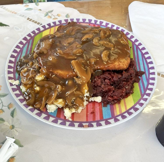 J&auml;ger Schnitzel swimming in mushroom gravy with sp&auml;tzle soaking up every drop. When Germans comfort food, they don't mess around.