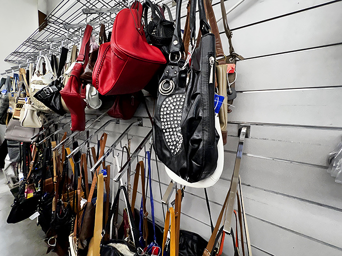 Handbag heaven for the discerning bargain hunter. That red purse could easily become the conversation piece at your next dinner party.