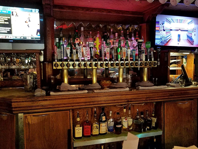 A bar stocked for serious business. Those brass taps aren't just pouring drinks&mdash;they're dispensing liquid happiness.
