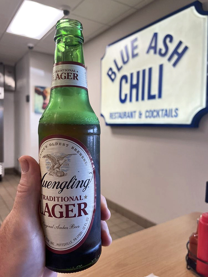 Nothing complements Cincinnati chili like an ice-cold lager. This bottle is sweating almost as much as I am after my third cheese coney.