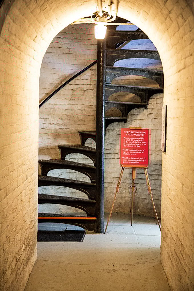 The entrance to those infamous spiral stairs&mdash;like the gateway to a nautical Narnia, complete with brick archways and iron steps.