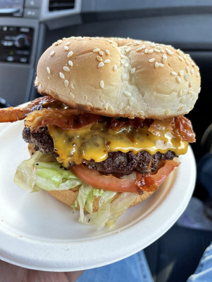 The legendary Bunnyburger in all its glory—melted cheese cascading over a quarter-pound patty with bacon playing the supporting role it was born for.